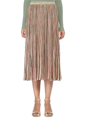 Missoni Kadın Renkli Çizgili Pilili Midi Triko Etek 42 IT