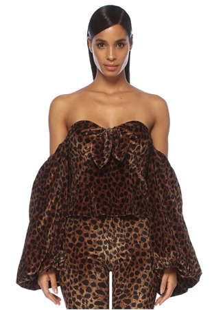 The Attico Kadın Leopar Desenli Omzu Açık Crop Kadife Bluz Kahverengi 42 IT The Attico Kadın Leopar Desenli Omzu Açık Crop Kadife Bluz Kahverengi 42 IT