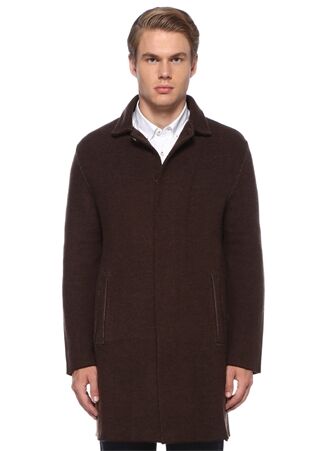Isaia Erkek Kahverengi Polo Yaka Petek Dokulu Yün Palto XL EU