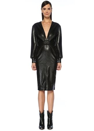 Msgm Kadın Siyah V Yaka Önü Düğümlü Midi Suni Deri Elbise 42 IT