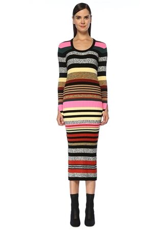 Kenzo Kadın U Yaka Çizgili Uzun Kol Midi Triko Elbise S EU