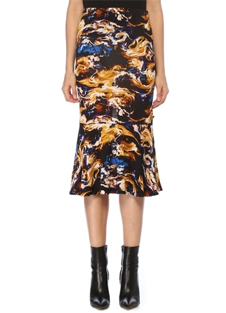 Kenzo Kadın Siyah Desenli Ucu Volanlı Midi Etek XS EU