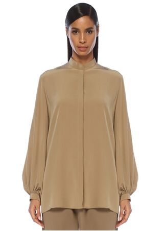 The Row Kadın Bej Dik Yaka Balon Kollu İpek Bluz L EU