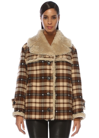 Miu Kadın Kahverengi Shearling Yaka Ekoseli Yün Mont 42 IT