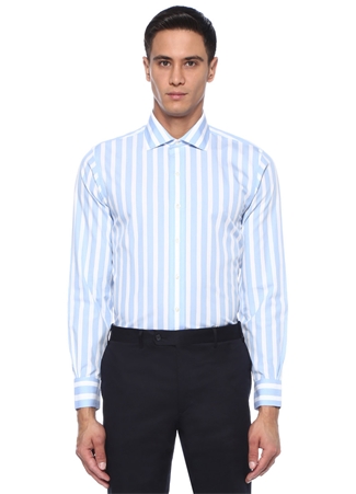 Brooks Brothers Erkek Mavi Beyaz Kesik Yaka Çizgili Gömlek 5H-33 EU