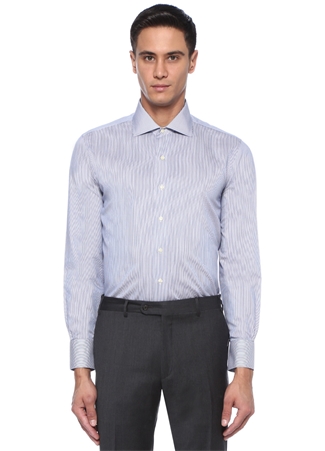 Brooks Brothers Erkek Lacivert Beyaz İngiliz Yaka Çizgi Desenli Gömlek 6H-34 EU