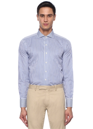 Brooks Brothers Erkek Lacivert Beyaz İngiliz Yaka Çizgi Desenli Gömlek Mavi 7-36 EU