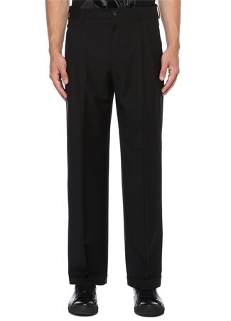 Valentino Erkek Siyah Normal Bel Bol Paça Pilili Yün Pantolon 48 IT