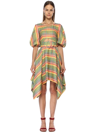 Nicholas Kadın Yeşil Ekoseli Kemerli Asimetrik Midi Keten Elbise 2 US