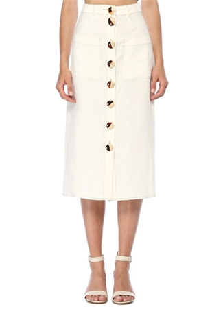 Nicholas Kadın Beyaz Önü Düğmeli Yırtmaçlı Midi Keten Etek 2 US