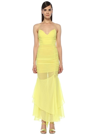 Nicholas Kadın Sarı İnce Askılı Drapeli Maksi İpek Abiye Elbise Yeşil 6 US