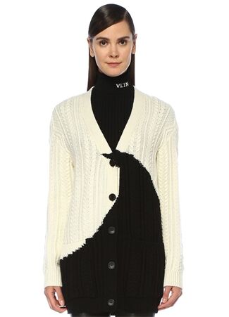 Valentino Kadın Siyah Beyaz V Yaka Ay Jakarlı Düğmeli Yün Hırka XS EU