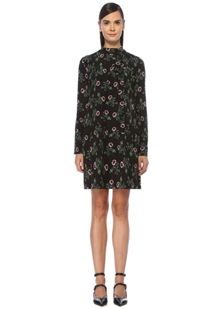 Valentino Kadın Siyah Yakası Bağcıklı Çiçekli Mini İpek Elbise 40 IT