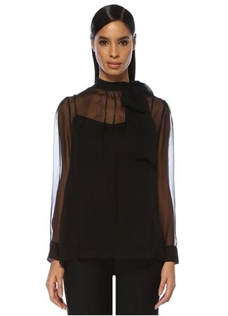 Valentino Kadın Siyah Yakası Bağcıklı İpek Şifon Gömlek 42 IT