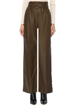 Yves Salomon Kadın Haki Yüksek Bel Kemerli Bol Paça Deri Pantolon 40 FR