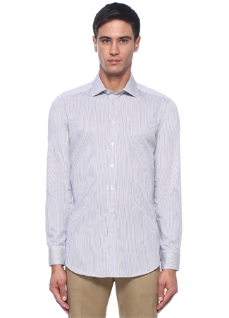 Etro Erkek Beyaz Mor Çizgili Kesik Yaka Gömlek 38 IT