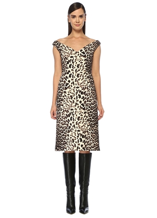 Prada Kadın Leopar Desenli Kalp Yaka Yün Midi Elbise Kahverengi 42 IT Prada Kadın Leopar Desenli Kalp Yaka Yün Midi Elbise Kahverengi 42 IT