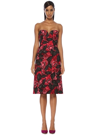 Prada Kadın Kalp Yaka Straplez Gül Desenli Midi Elbise Kırmızı 42 IT