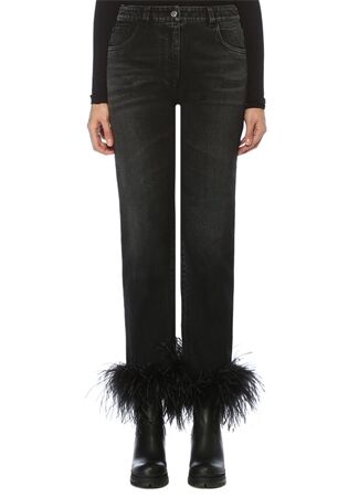 Prada Kadın Siyah Paçası Tüy Detaylı Jean Pantolon Gri 26 US