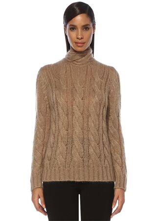 Prada Kadın Kamel Dik Yaka Sırtı Bağcıklı Örgü Kazak Bej 42 IT