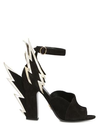 Prada Kadın Siyah Kıvrım Detaylı Asimetrik Süet Sandalet 36 EU