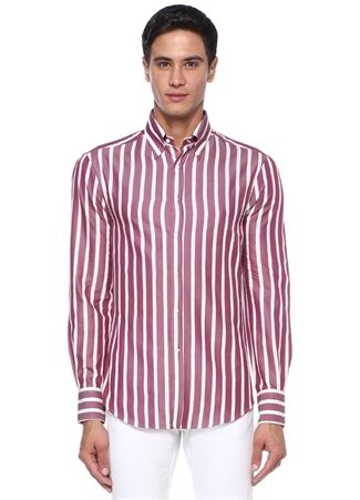 Brunello Cucinelli Erkek Slim Fit Mor Beyaz Düğmeli Yaka Çizgili Gömlek XXL EU