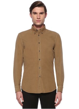 Boglioli Erkek Bej Düğmeli Yaka Çizgi Dokulu Gömlek 39 IT
