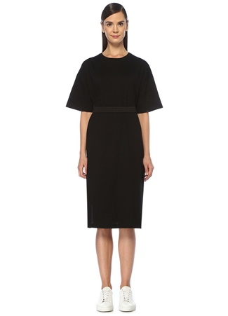 Moncler Kadın Siyah Arkası Logolu Kemerli Midi Jarse Elbise S EU