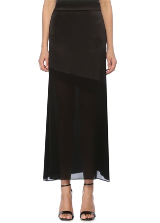 Brunello Cucinelli Kadın Siyah Garni Detaylı Maksi İpek Saten Etek 38 IT