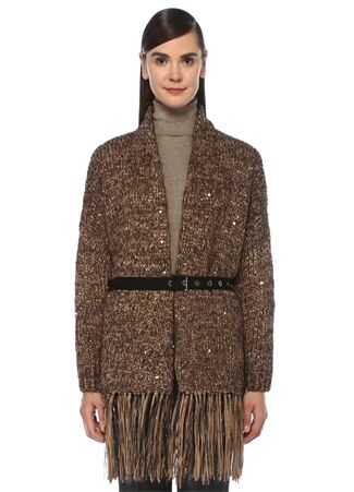 Brunello Cucinelli Kadın Kahverengi Püsküllü Payet İşlemeli Hırka S EU