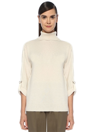 Brunello Cucinelli Kadın Ekru Balıkçı Yaka Kolları Şeritli Kaşmir Kazak Bej S EU