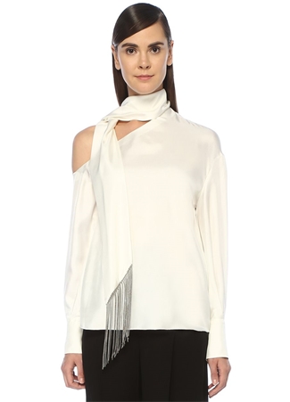 Brunello Cucinelli Kadın Beyaz Püsküllü Yaka Detaylı Asimetrik İpek Bluz XS EU