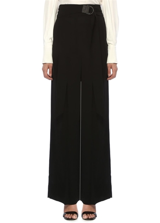 Brunello Cucinelli Kadın Siyah Yüksek Bel Kemerli Bol Paça İpek Pantolon 36 IT
