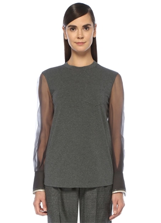 Brunello Cucinelli Kadın Gri Cepli Kolu Tül Garnili Kazak S EU