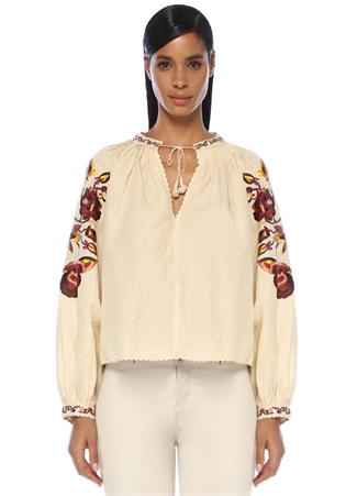 Ulla Johnson Kadın Simona Bej Yakası Bağcıklı Çiçekli Keten Bluz 4 US