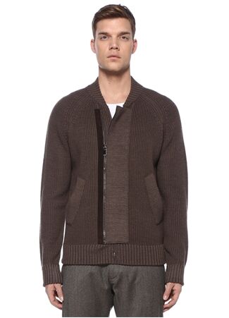 Canali Erkek Kahverengi Dik Yaka Örgü Dokulu Yün Hırka 50 IT
