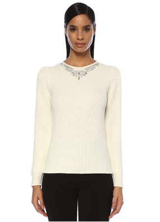 WEILL Kadın Mojo Ekru Yakası Taş İşlemeli Yün Kazak Bej 42 IT