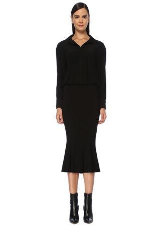Norma Kamali Kadın Siyah Ucu Volanlı Büzgülü Midi Gömlek Elbise XS EU