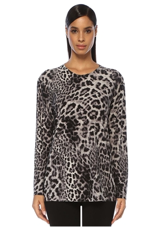 Norma Kamali Kadın Oversize Leopar Desenli Uzun Kol Bluz Kahverengi S EU