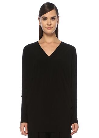 Norma Kamali Kadın Dolman Siyah V Yaka Yarasa Kol Bluz L EU