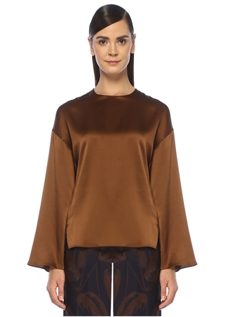 Vince Kadın Kahverengi Uzun Kol İpek Saten Bluz L EU