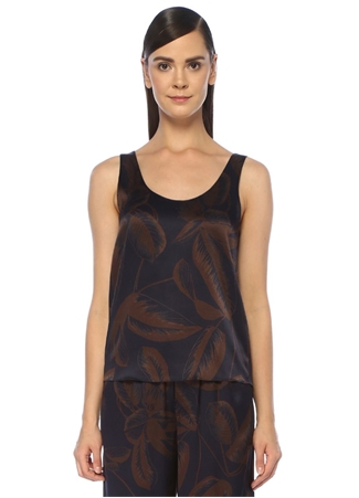 Vince Kadın Lacivert U Yaka Yaprak Desenli İpek Bluz XS EU