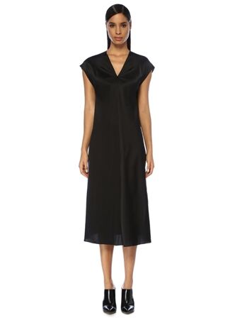 Vince Kadın Siyah V Yaka Kuşaklı Midi İpek Saten Elbise XS EU