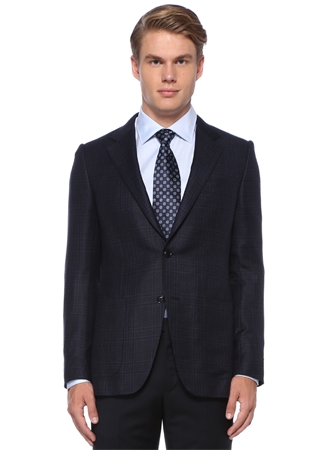 Zegna Erkek Drop 8 Lacivert Ekose Desenli Yün Ceket Mavi 54 IT
