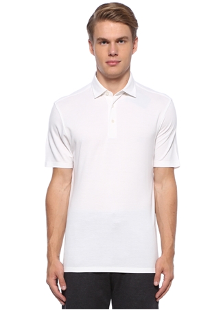 Zegna Erkek Beyaz Polo Yaka Pike Dokulu T-shirt 54 IT