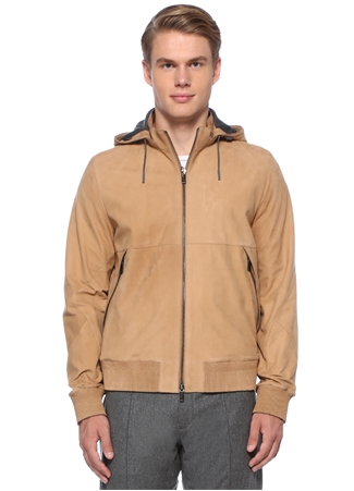 Zegna Erkek Bej Kapüşonlu Deri Mont 52 IT