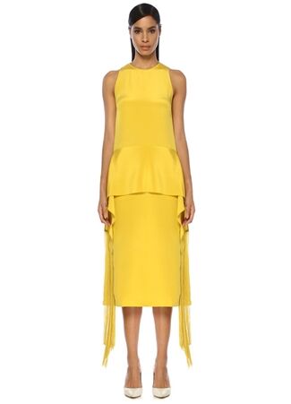 Stella McCartney Kadın Sarı Beli Püsküllü Kuşaklı Midi İpek Elbise 42 IT