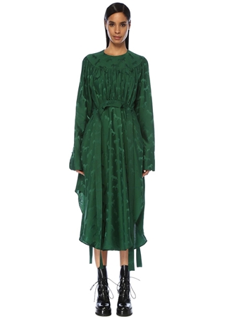 Stella McCartney Kadın Yeşil At Jakarlı Büzgü Detaylı Midi İpek Elbise 38 IT