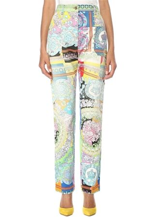 Versace Kadın Düşük Bel Barok Desenli Bol Paça Jean Pantolon 25 IT