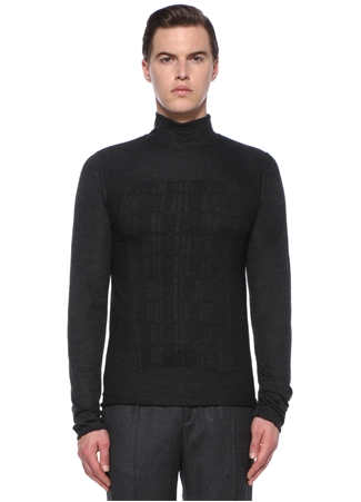 Knt Erkek Antrasit Balıkçı Yaka Doku Detaylı Yün Kazak Gri L EU